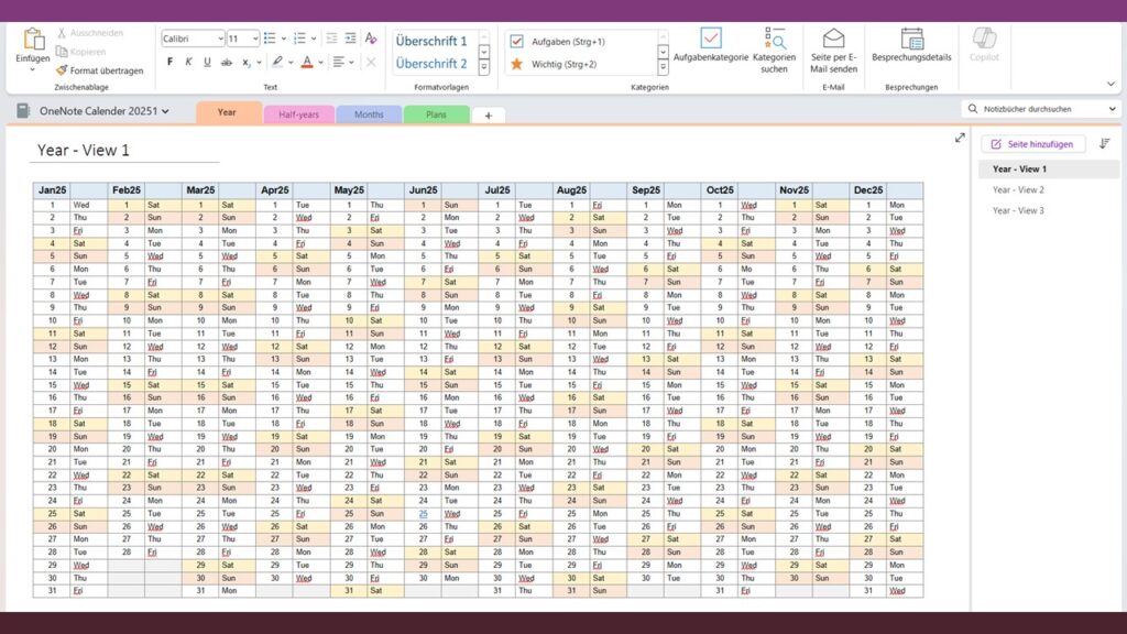 OneNote Calendar Template 2025 - NotesTemp.com